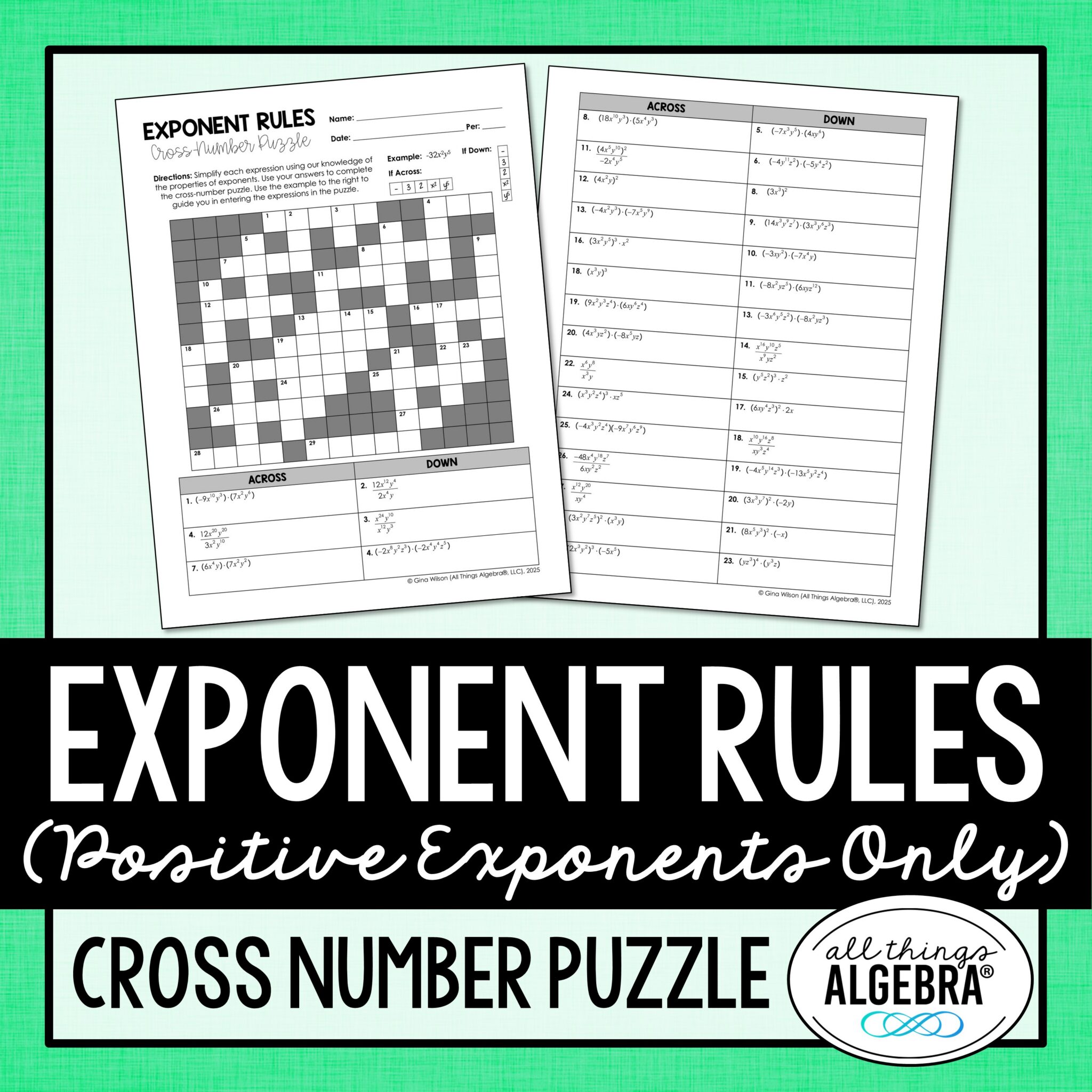 Exponent Rules Cross Number Puzzle - All Things Algebra®