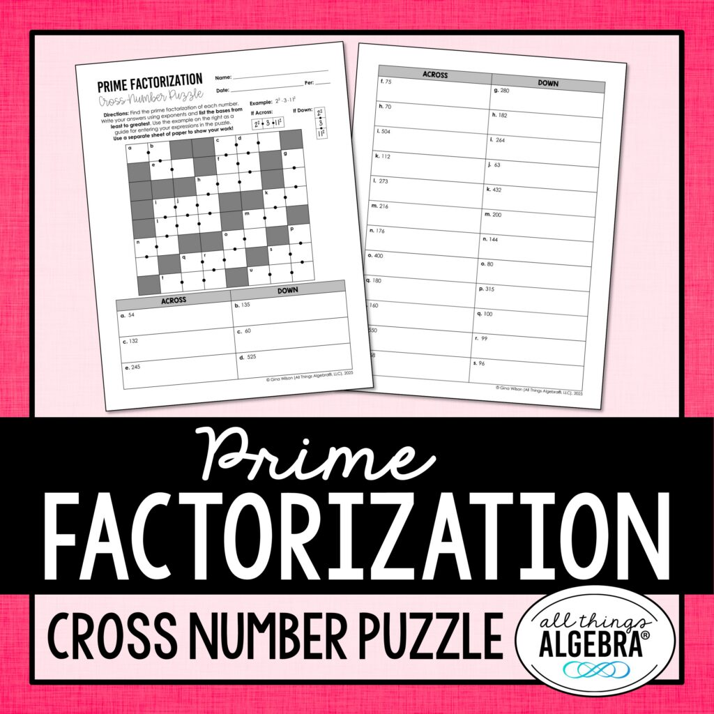 Prime Factorization Cross Number Puzzle - All Things Algebra®