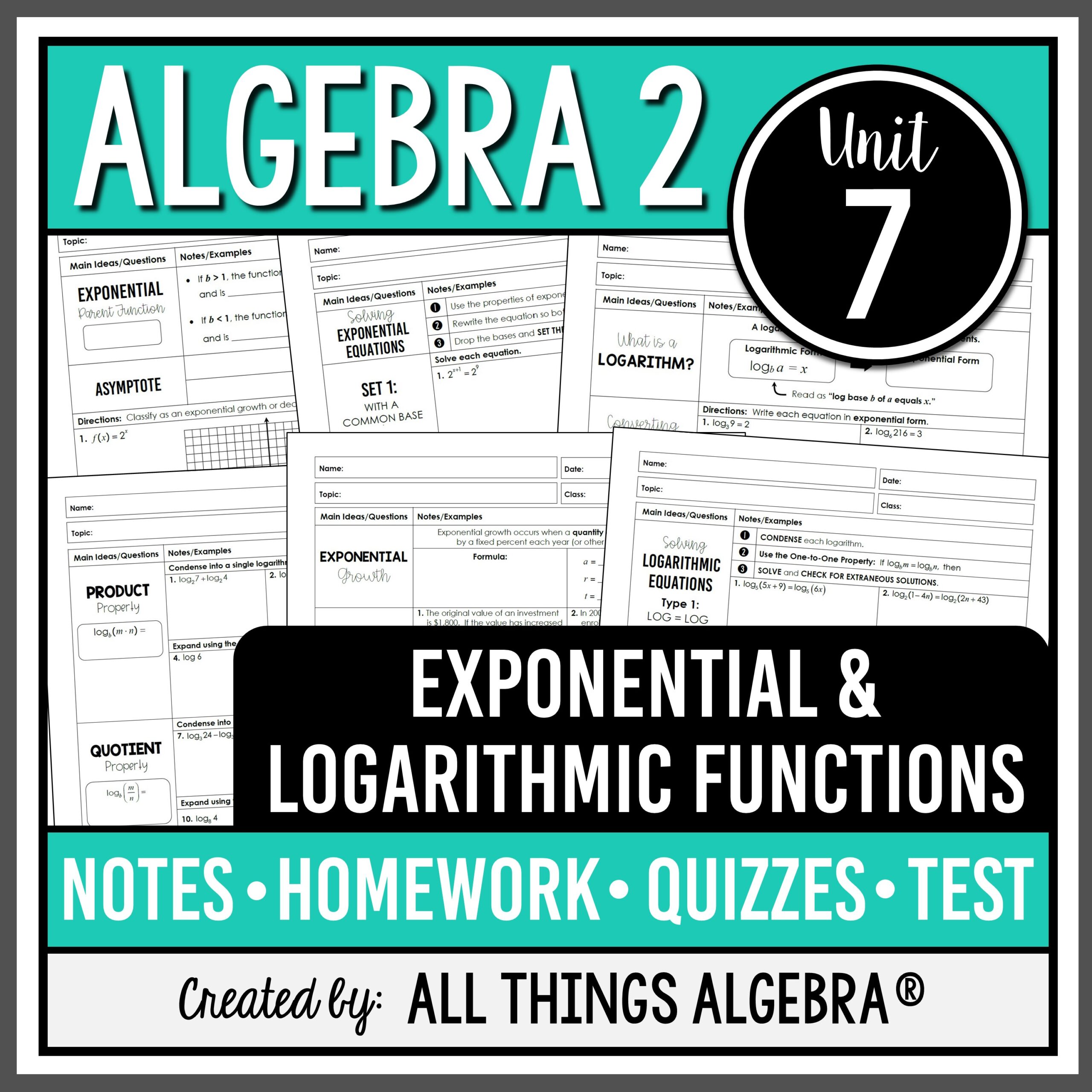 Algebra 2 Unit 7 Exponential Logarithmic Functions All Things Algebra 
