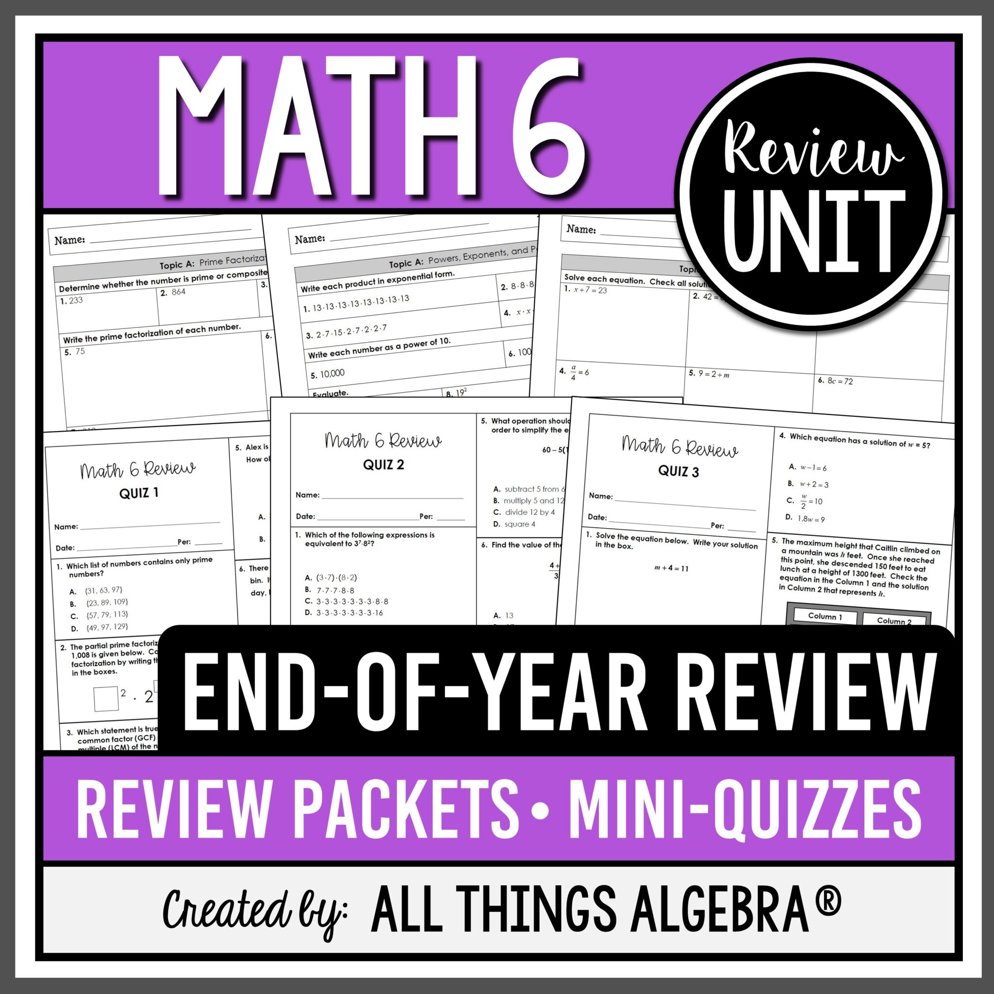 Math 6: End of Year Review Unit - All Things Algebra®