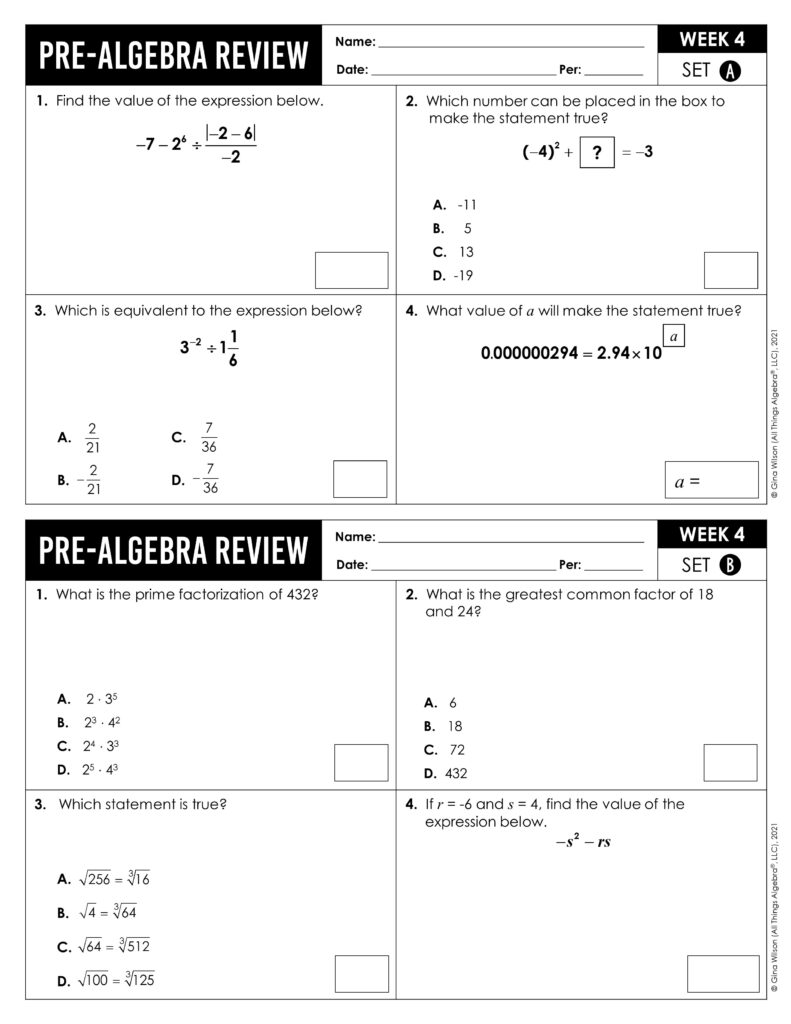 Pre-Algebra Spiral Reviews - All Things Algebra®