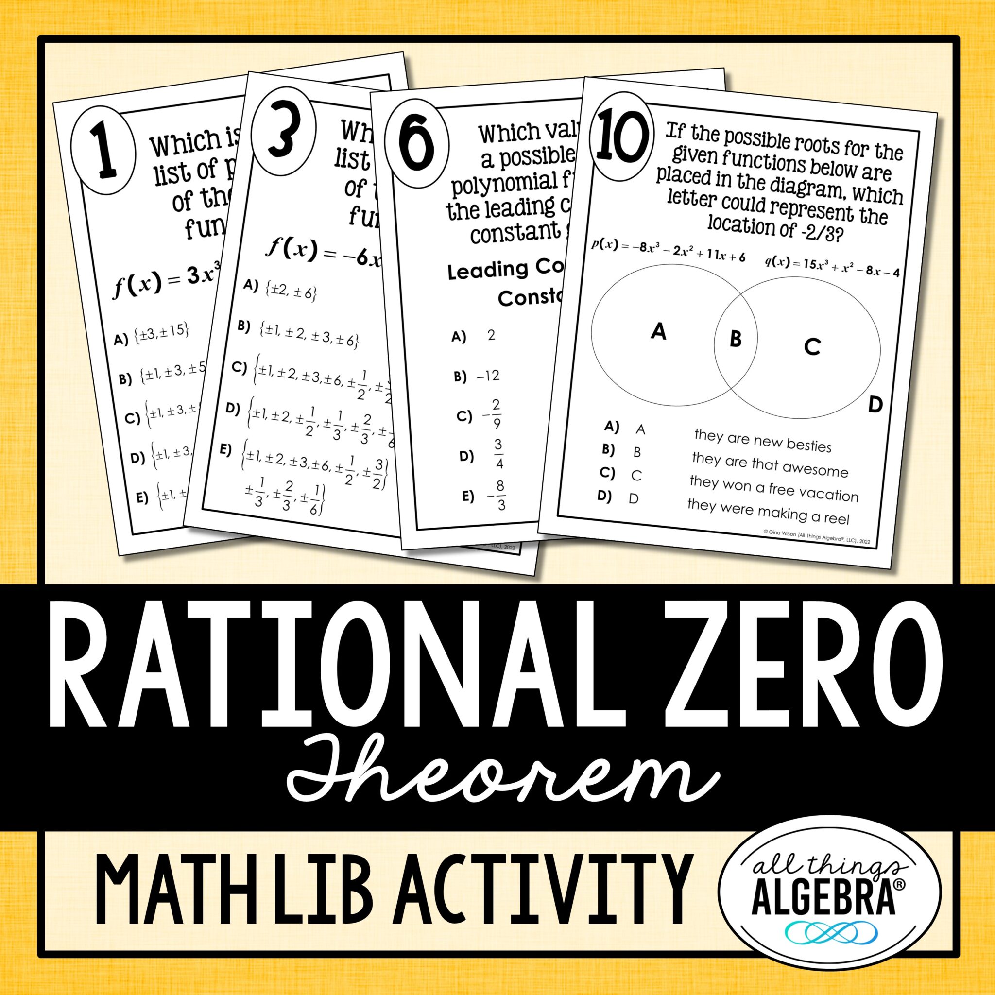 Rational Zero (Root) Theorem Math Lib Activity - All Things Algebra®