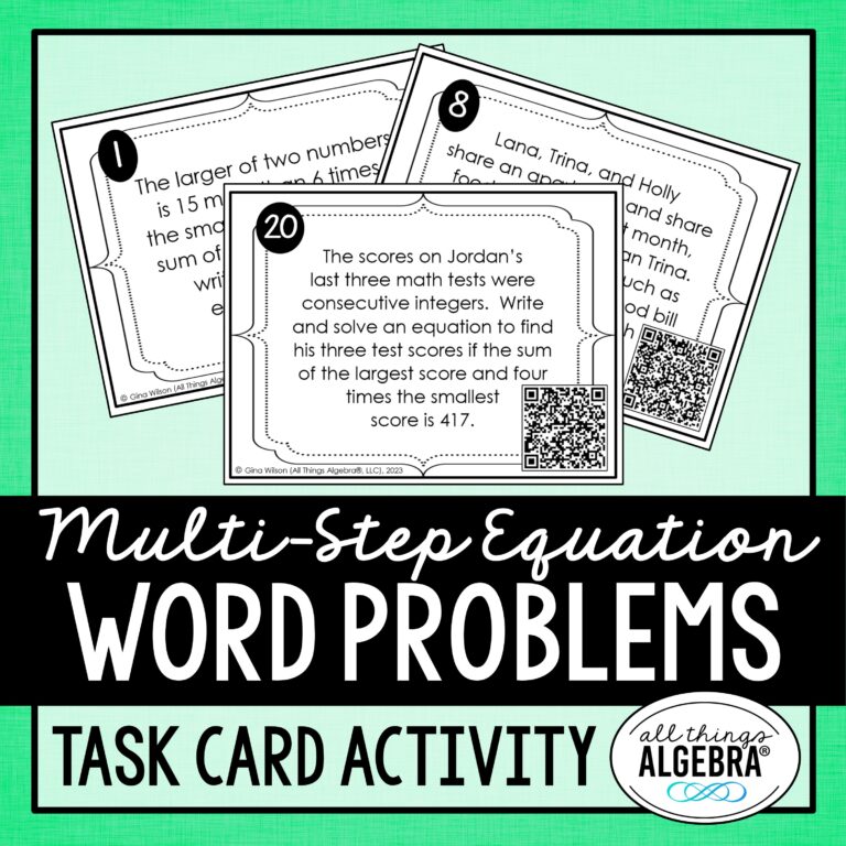 Multi-Step Equation Word Problems Task Cards - All Things Algebra®