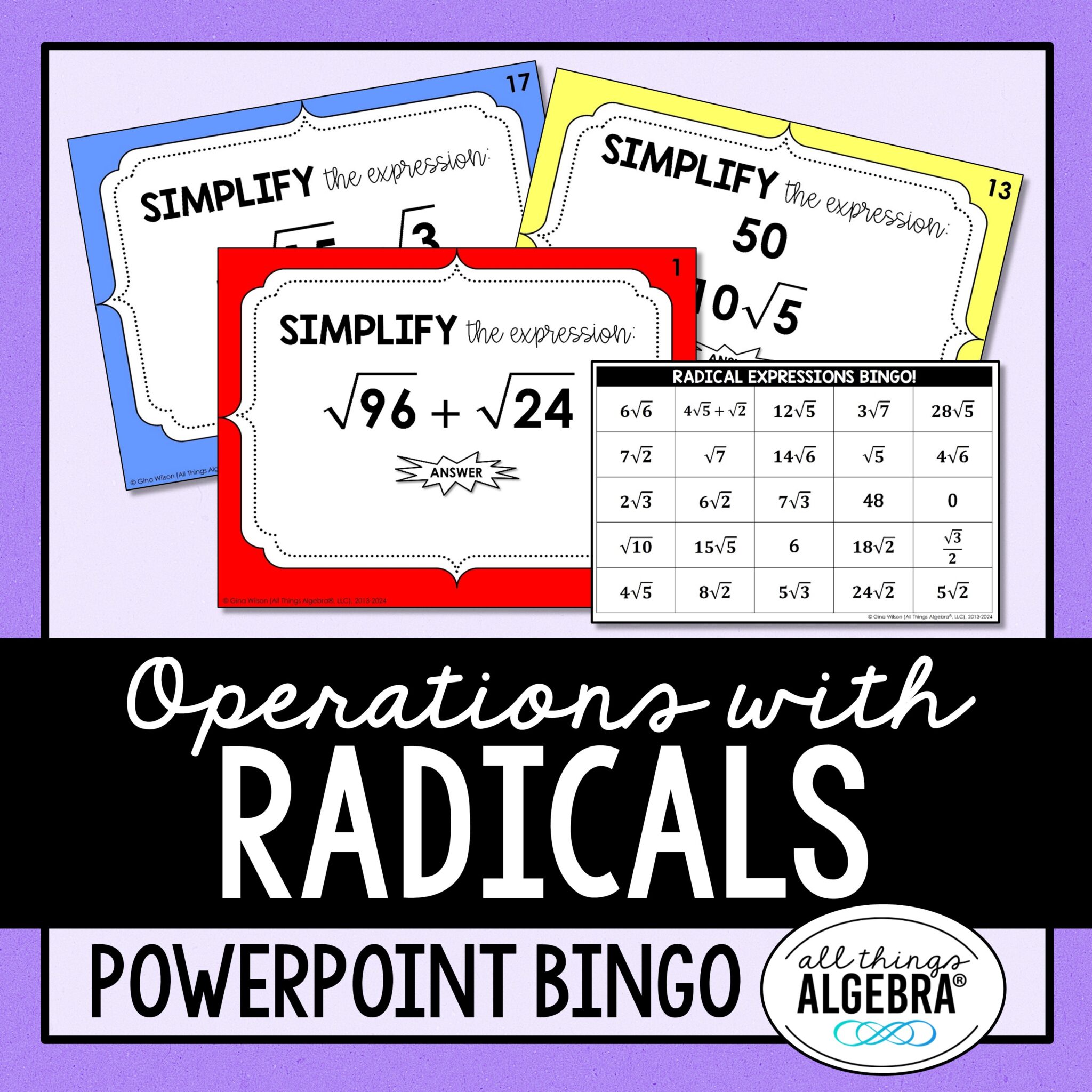 Operations with Radicals Bingo Game - All Things Algebra®