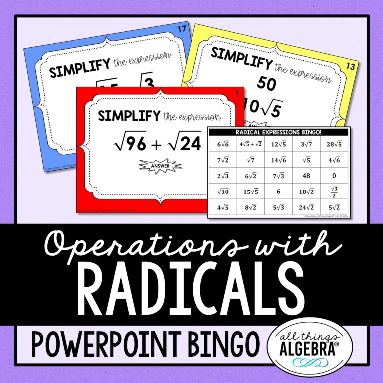 Operations with Radicals Bingo Game - All Things Algebra®