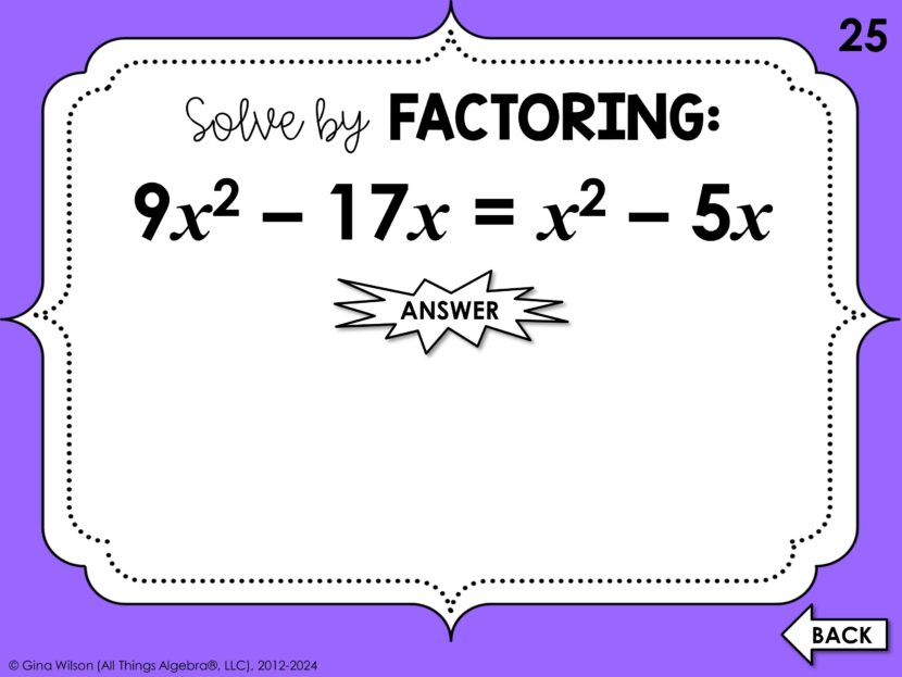 Solving Quadratic Equations By Factoring Bingo Game - All Things Algebra®