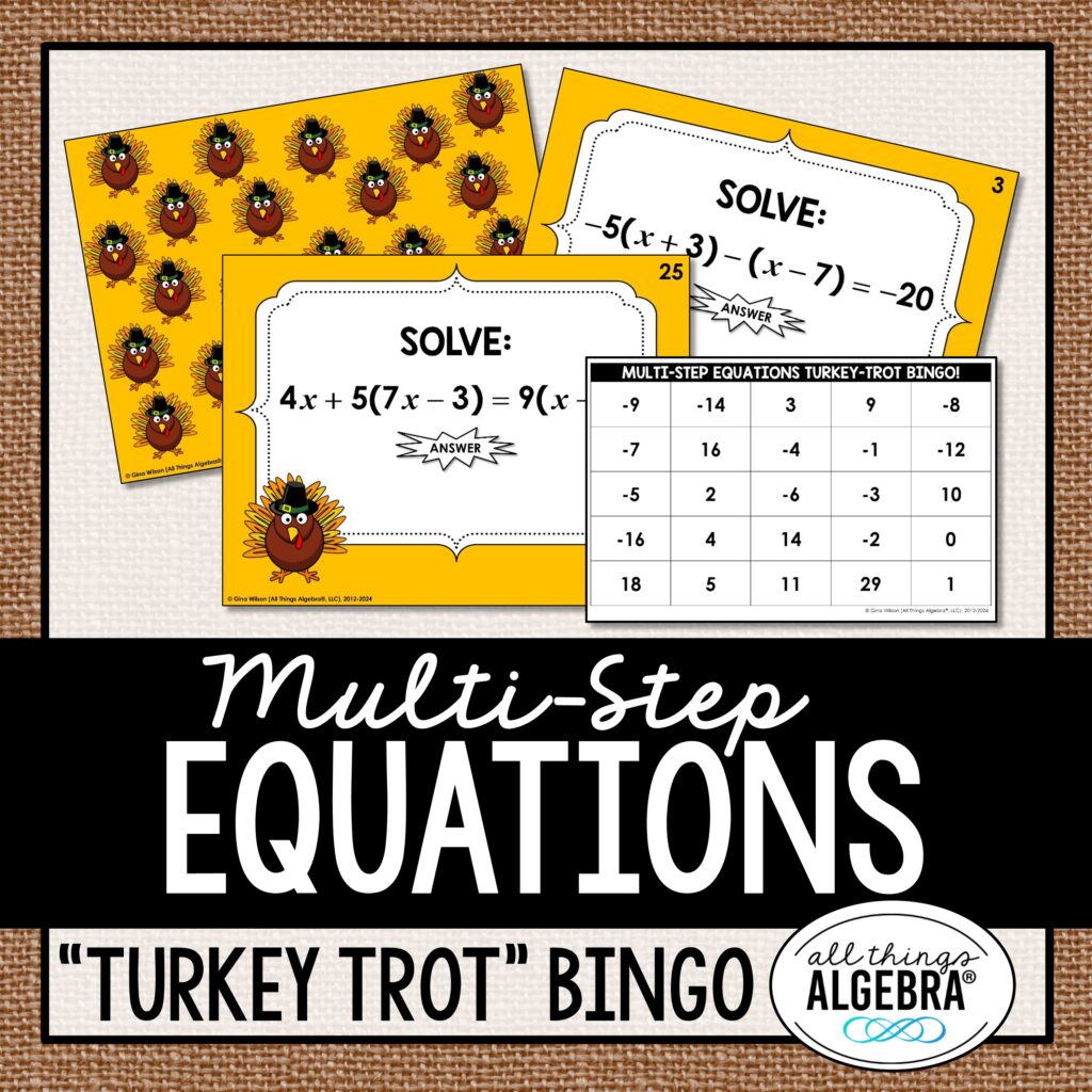 Multi-Step Equations Thanksgiving Turkey Trot Bingo - All Things Algebra®