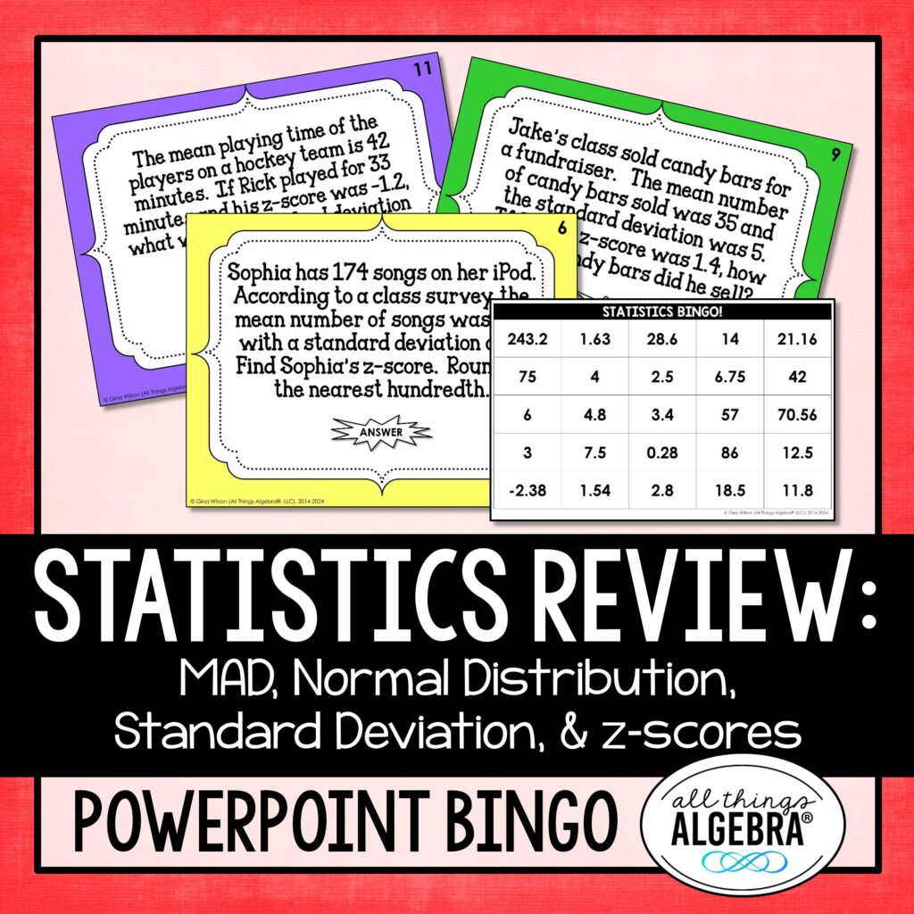 Mean Absolute Deviation, Standard Deviation, Variance, Z-Scores Bingo ...