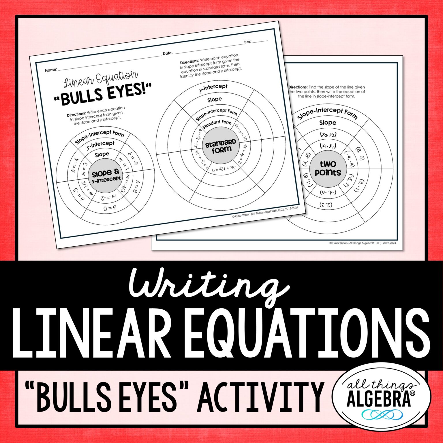 Writing Linear Equations Bulls Eye Activity - All Things Algebra®