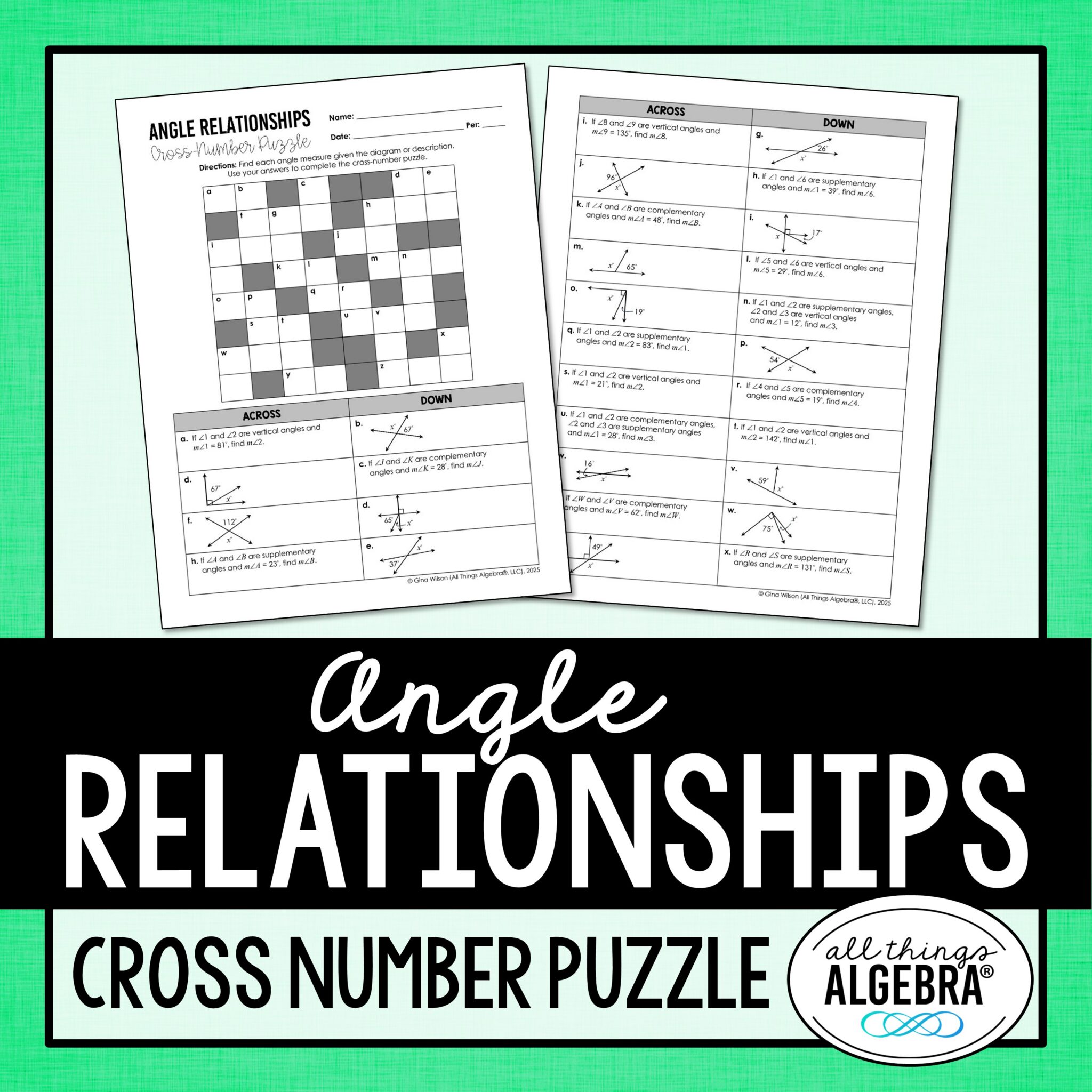 Angle Relationships (Vertical, Complementary, Supplementary) Cross ...