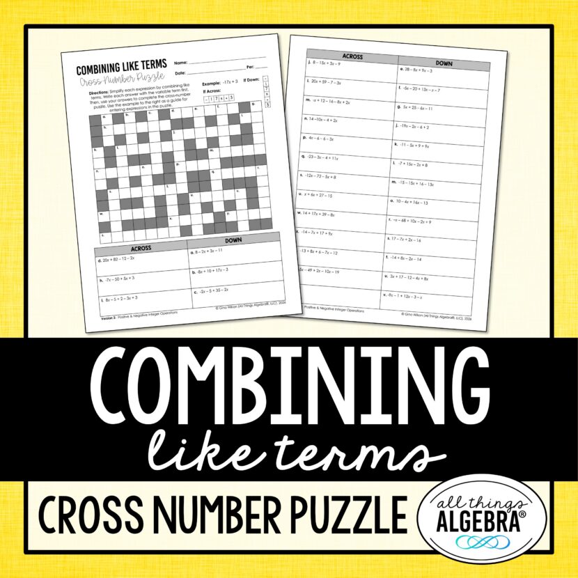 Combining Like Terms Cross Number Puzzle (Pos & Neg Integer Operations ...