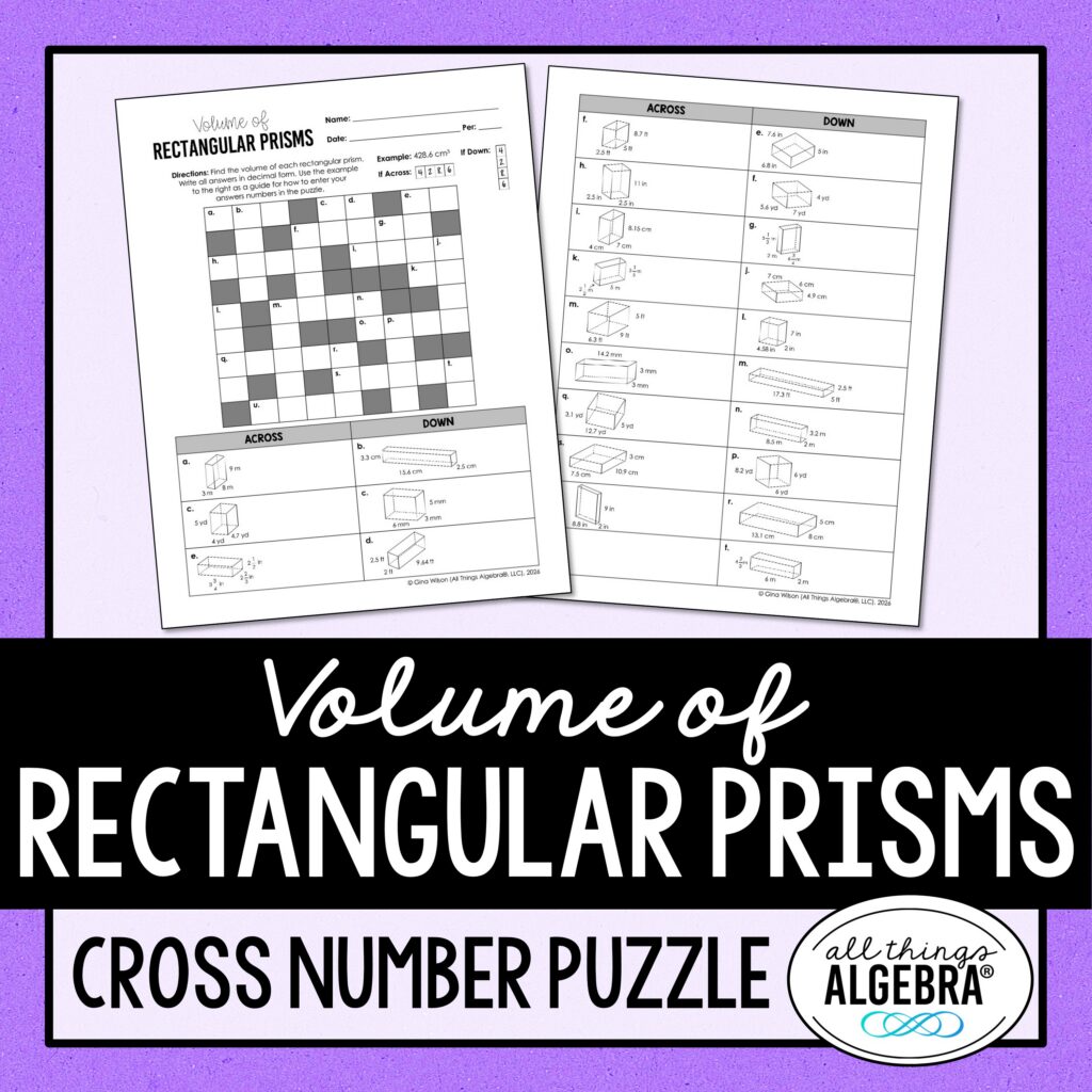 Volume of Rectangular Prisms Cross Number Puzzle - All Things Algebra®