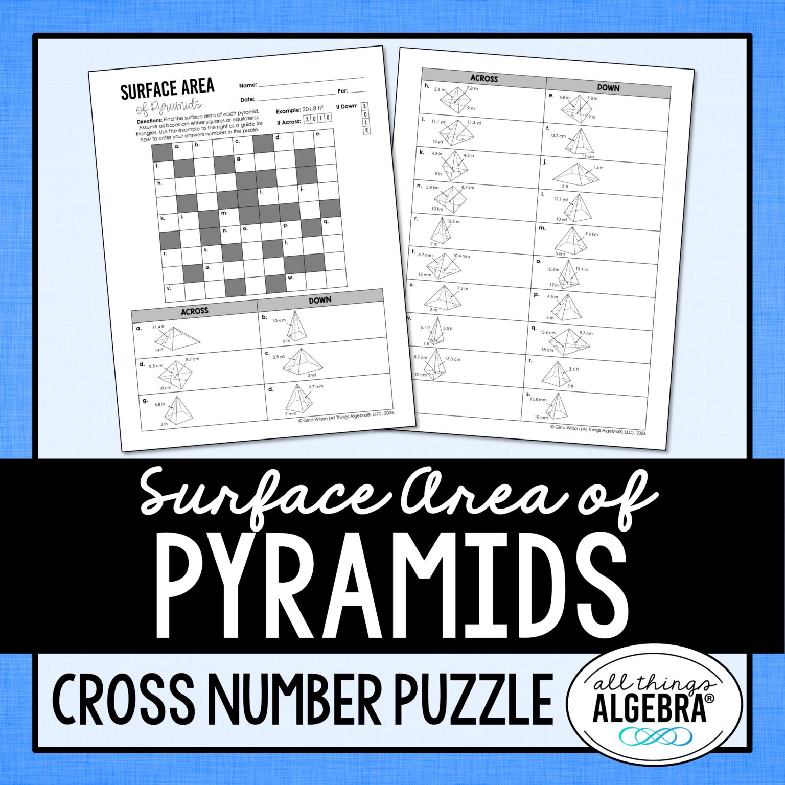 Surface Area of Pyramids Cross Number Puzzle - All Things Algebra®