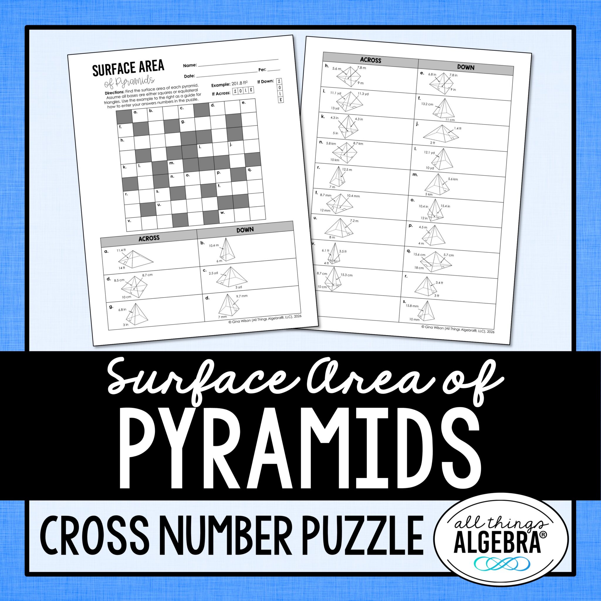 Surface Area of Pyramids Cross Number Puzzle - All Things Algebra®